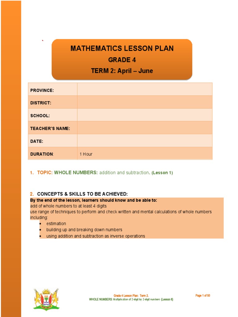 Maths Grade 4 Lesson Plans | PDF | Subtraction | Lesson Plan