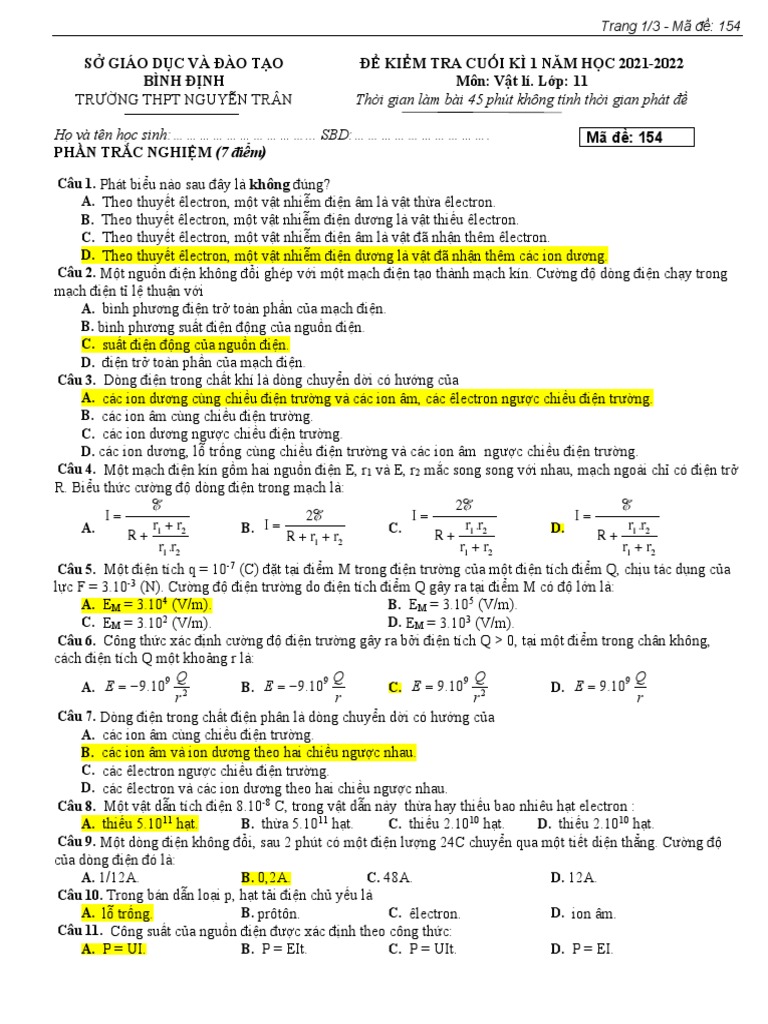 De Kiem Tra Cuoi Ki 1 Vat Li 11 Nam 2021 2022 Truong THPT Nguyen Tran Binh Dinh | PDF