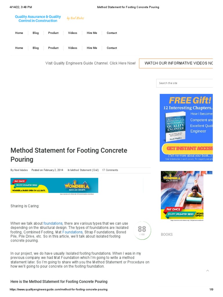 Method Statement For Footing Concrete Pouring | PDF | Concrete ...