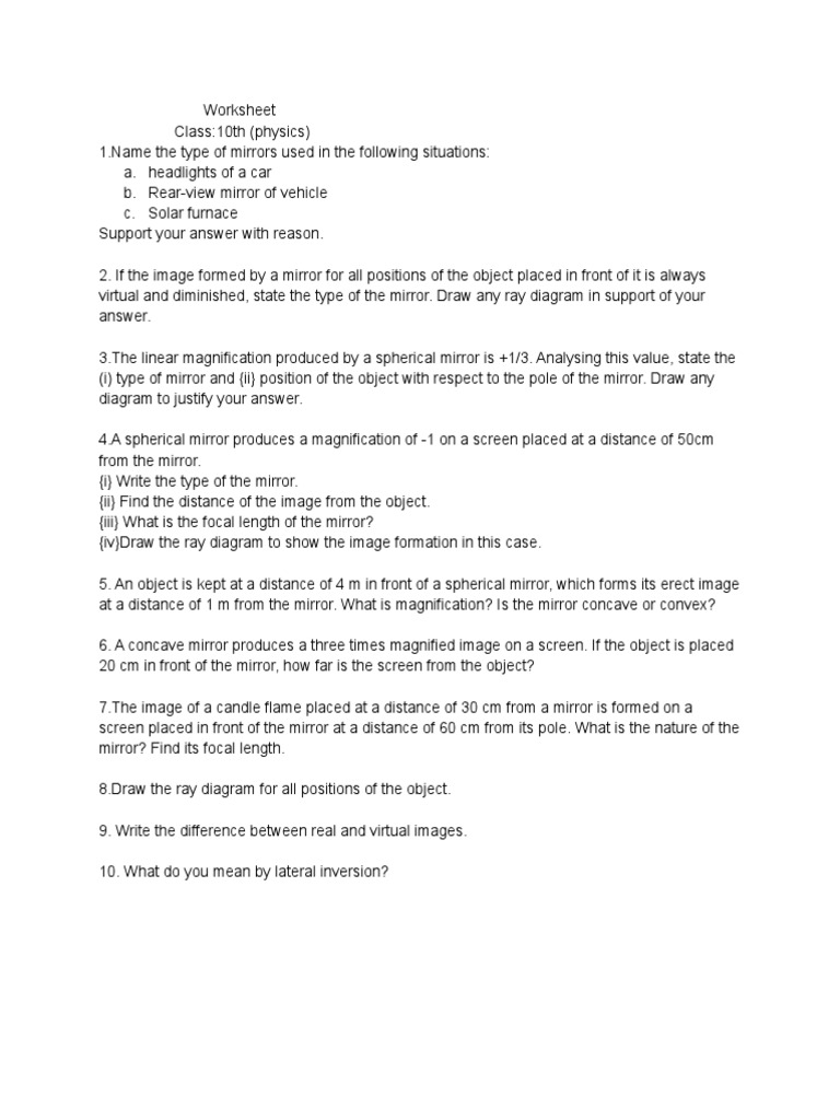 10th Physics Worksheet | PDF | Teaching Methods & Materials