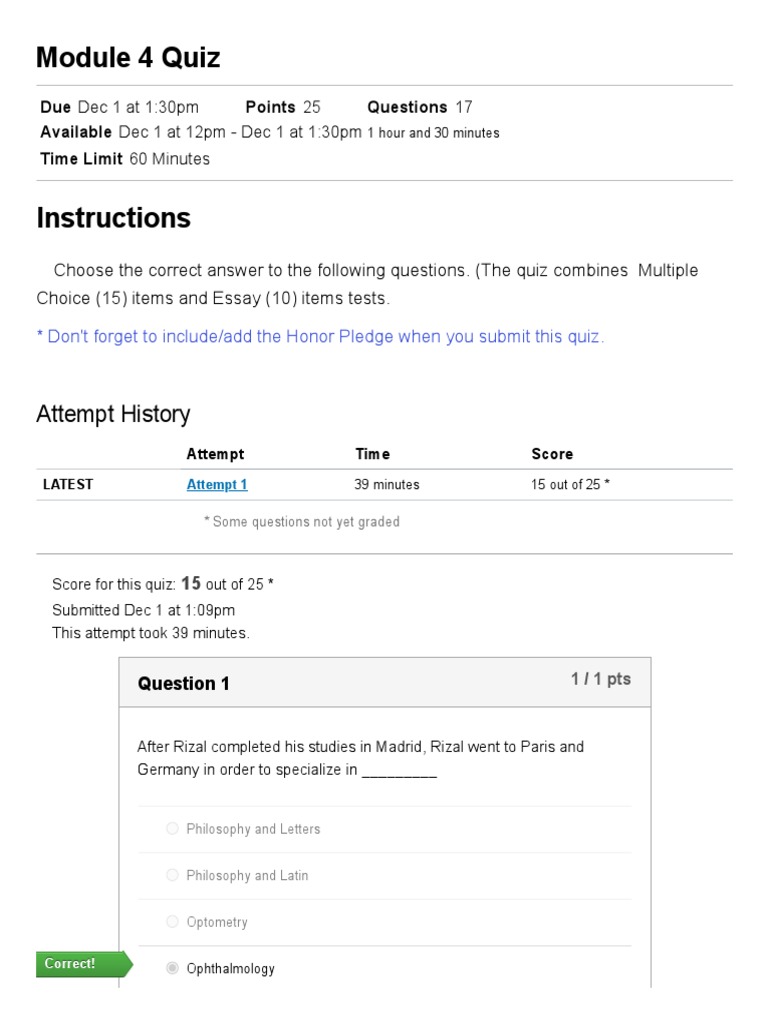 Module 4 Quiz - GEM 001 - Life and Works of Rizal | PDF | Philippines