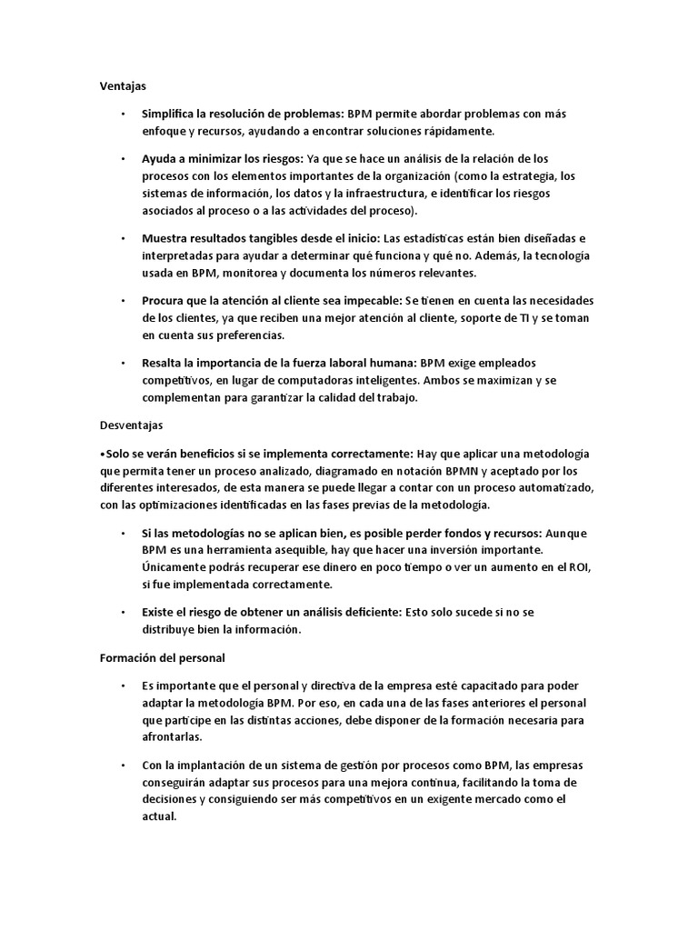 Ventajas y Desventajas de BPM | PDF | Business | Sistema de informacion