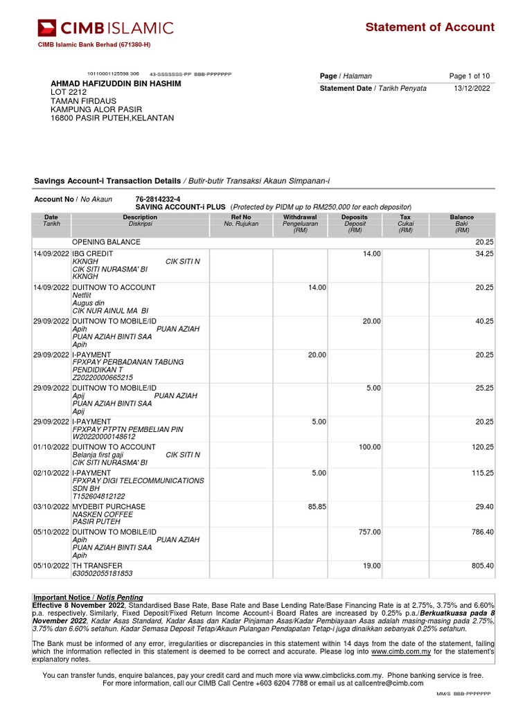CIMB Islamic Bank Account Statement | PDF | Debit Card | Banks