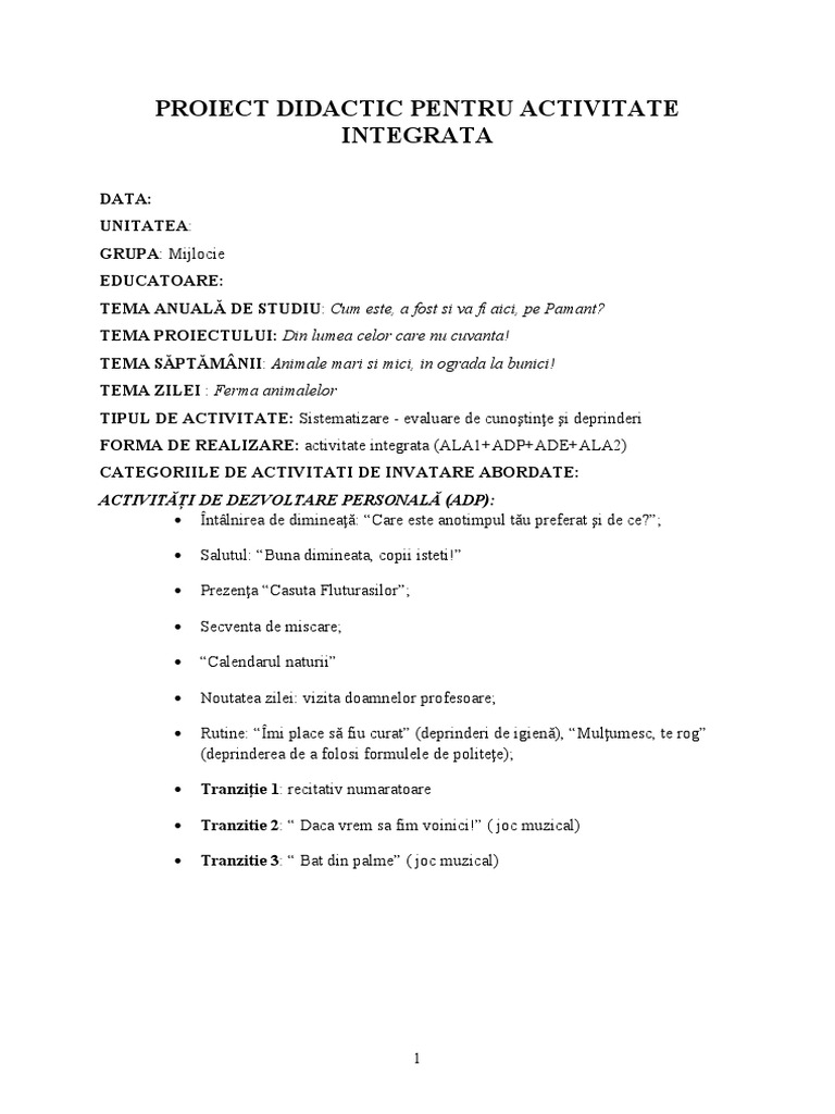 Proiect Didactic Pentru Activitate Integrata: Activități de Dezvoltare Personală (Adp) | PDF