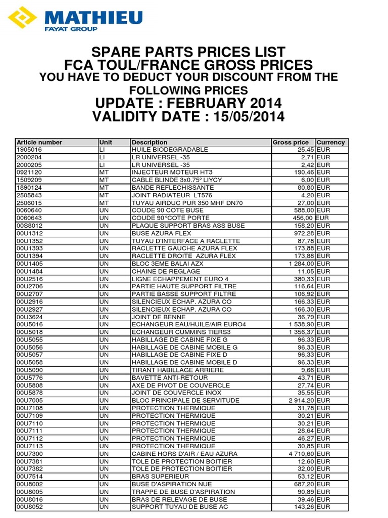 Spare Parts Prices List February 2014 | PDF | Ingénierie mécanique ...