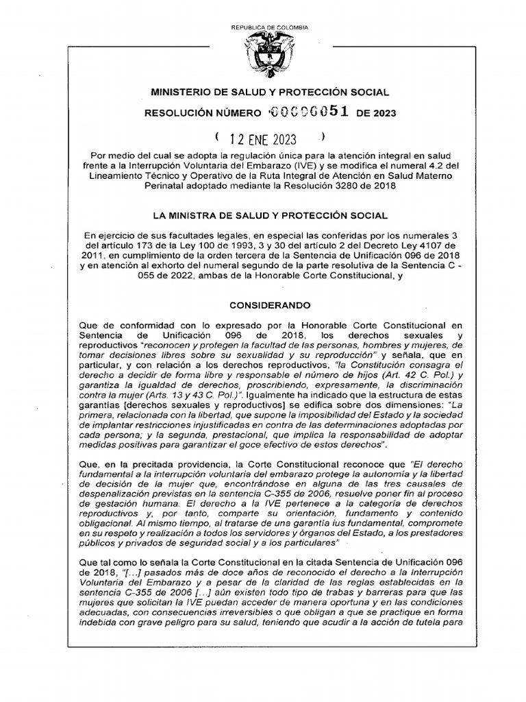 Resolución No. 051 de 2023 | PDF | Aborto | El embarazo