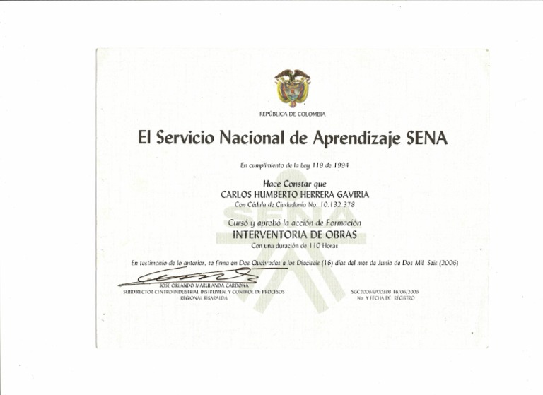 Certificado Sena Interventoria de Obras | PDF