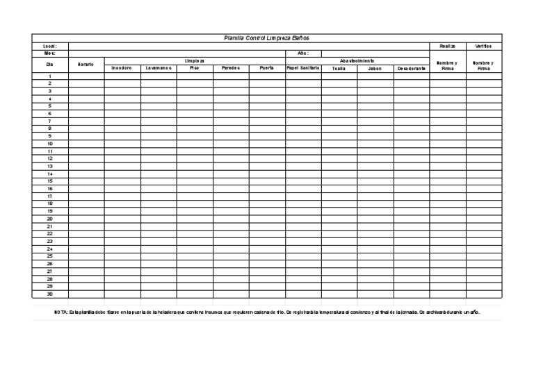 Implementaciones - Planilla Control Baños 2 | PDF