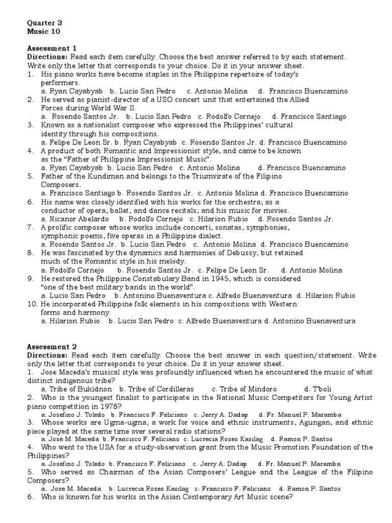 Q3 Music Assessment 1: Philippine Composers"TITLE"Q3 Music Assessment 2: Filipino Composers ...