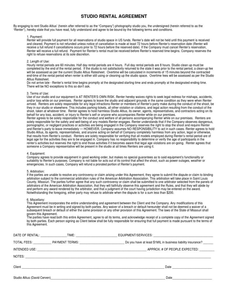 Studio Rental Agreement Template | PDF | Arbitration | Common Law