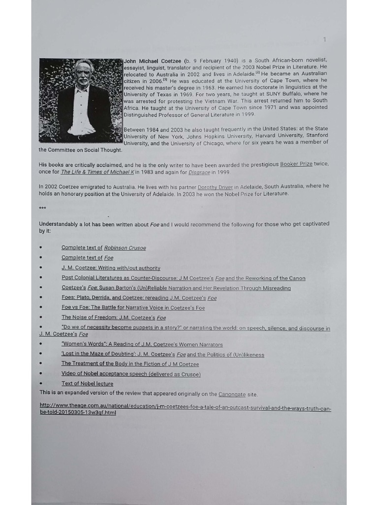 Foe by J.M. Coetzee VTH Paper | PDF