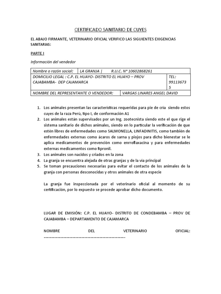 Certificado Sanitario de Cuyes | PDF