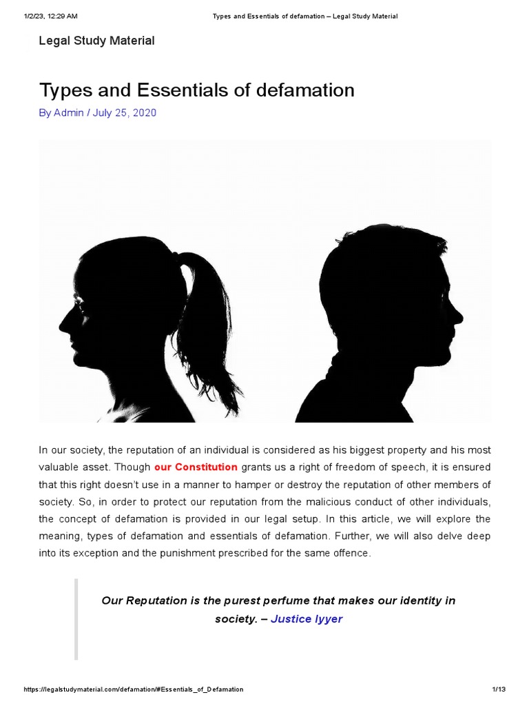 Types and Essentials of Defamation - Legal Study Material | PDF | Defamation | Public Law