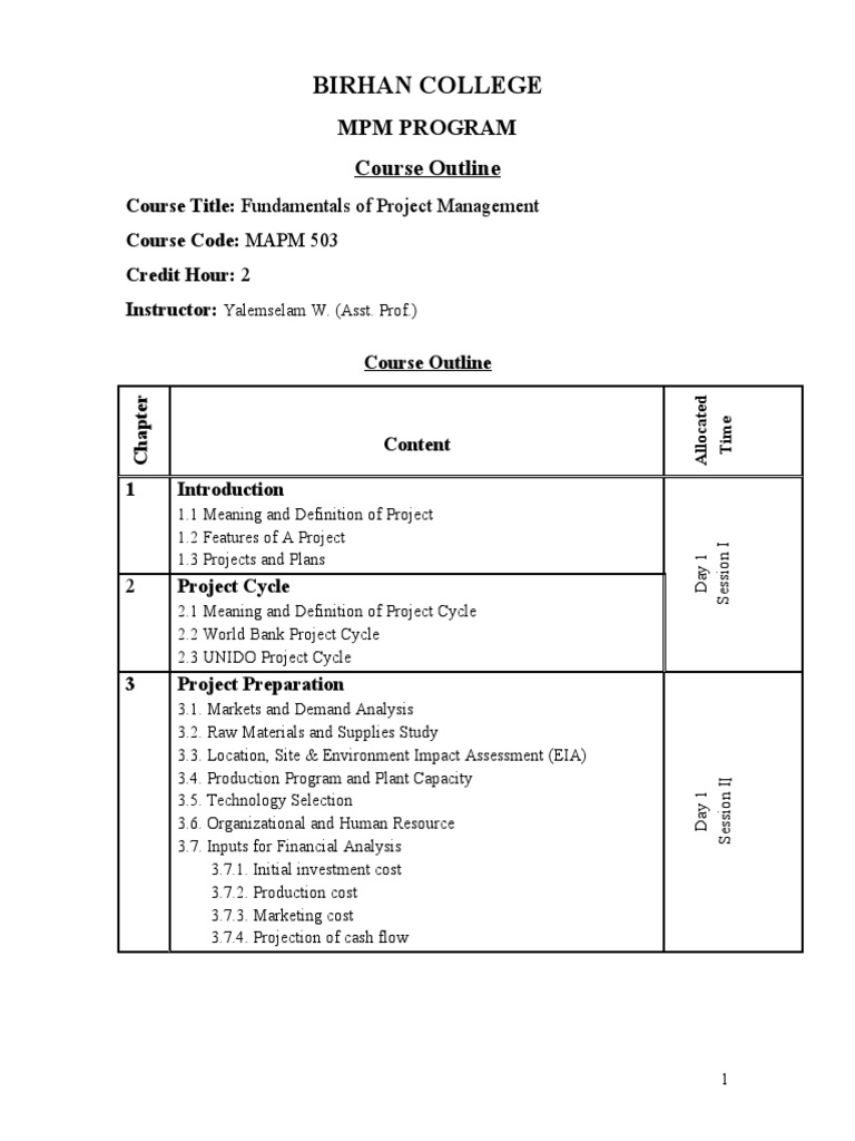 Course Outline, Fundamental S of Project Management | PDF | Project ...
