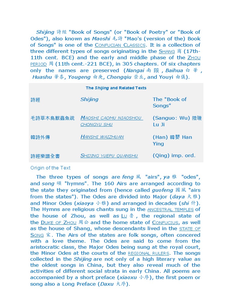 An In-Depth Examination of The Shijing or Classic of Poetry, Providing ...