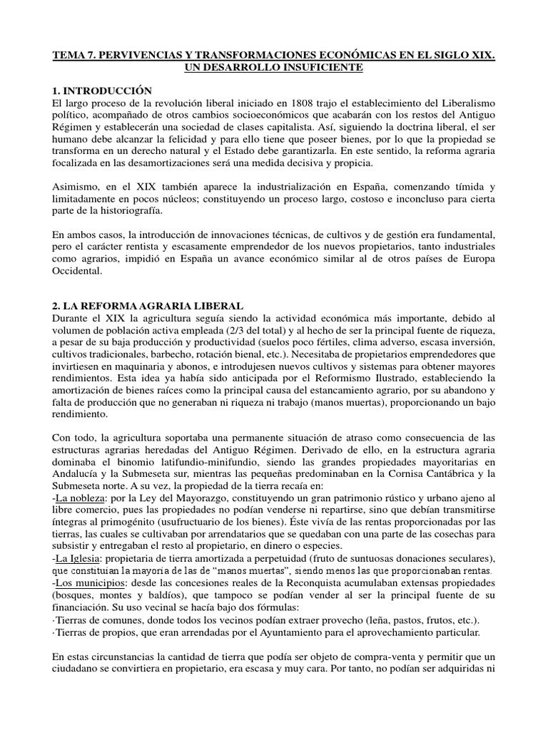 Tema 7. Pervivencias y Transformaciones Económicas en El Siglo Xix. Un Desarrollo Insuficiente ...