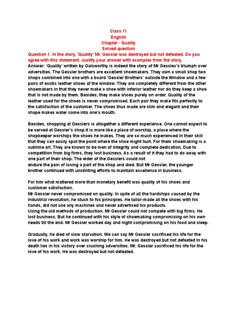 Class 11 English: Quality Analysis | PDF | Shoe