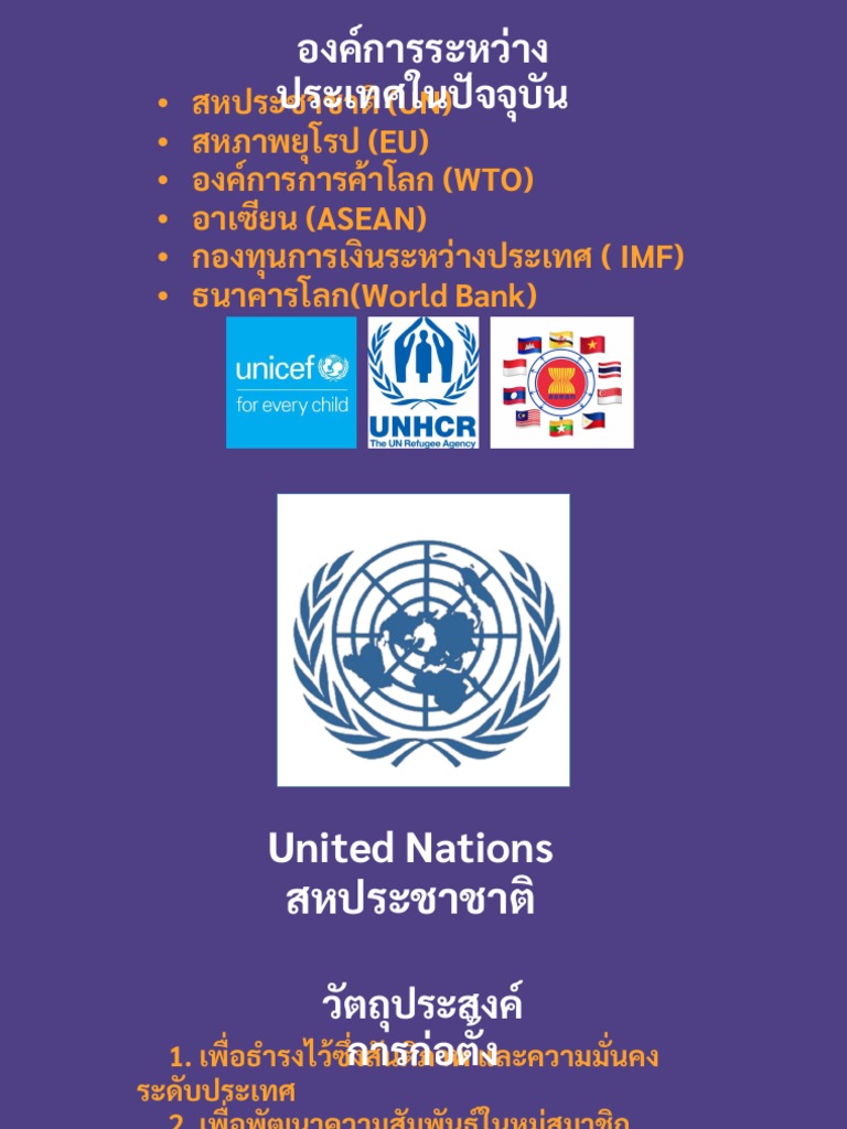 - สหประชาชาติ (UN) - สหภาพยุโรป (EU) - องค์การการค้าโลก (WTO) - อาเซียน ...