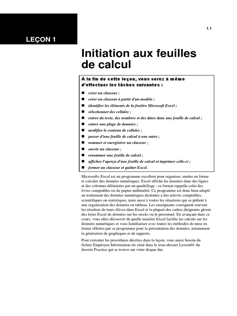 Excel Manuel Etudiant Lesson 01 | PDF | Microsoft Excel | Fichier informatique