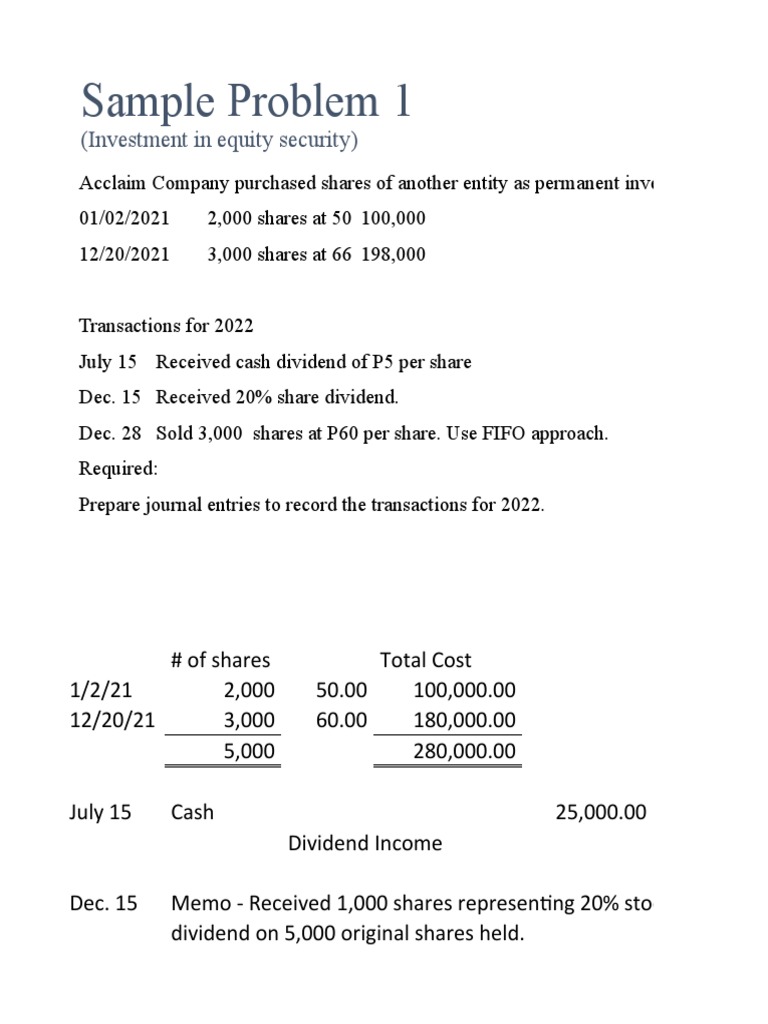 Sample Problems With Answer Key Inv. in Equity Security | PDF | Stocks | Dividend