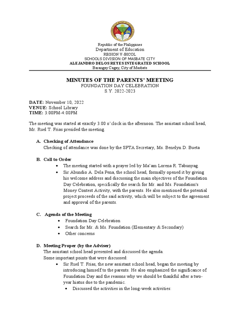 Minutes of The Meeting (Parents' Meeting) | PDF