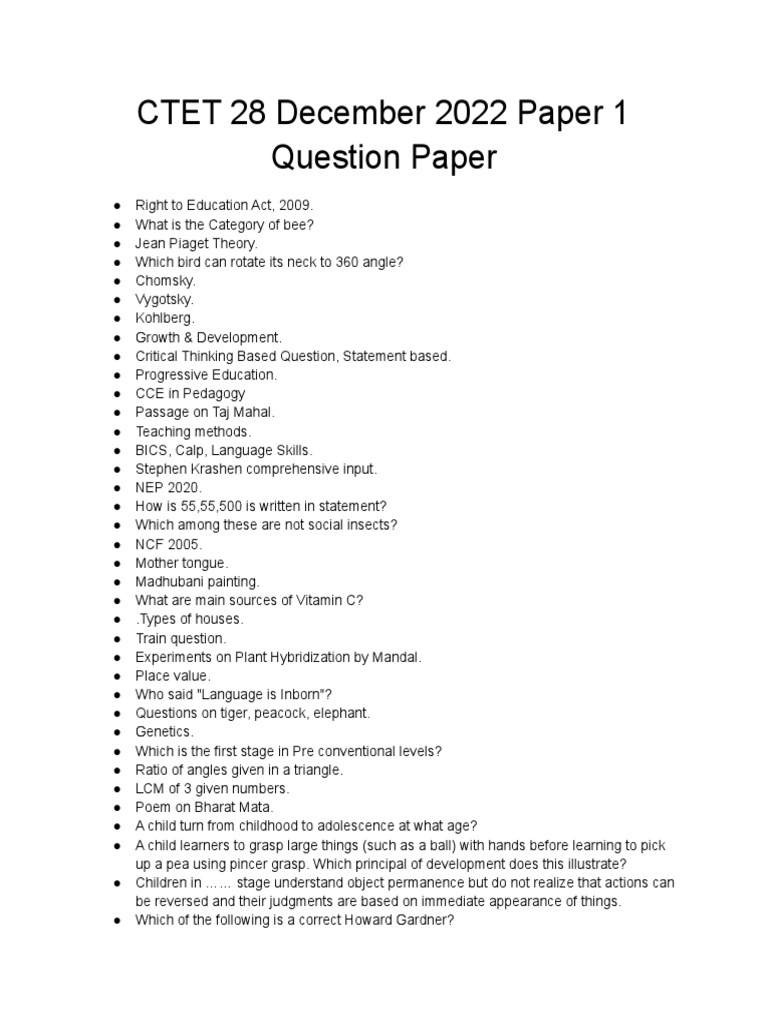 Ctet 28 December 2022 Paper 1 Question Paper | PDF