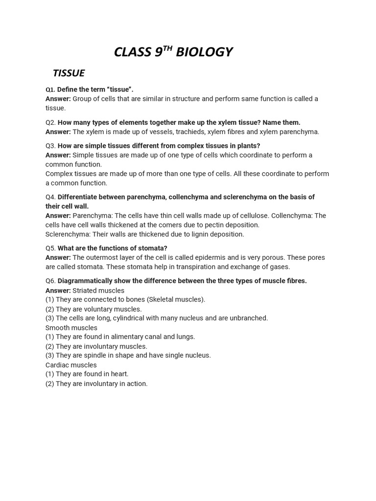 Class 9TH Biology Tissue | PDF | Tissue (Biology) | Anatomy