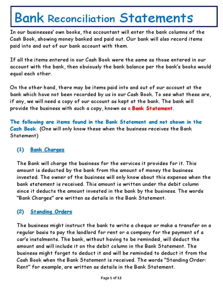 Bank Reconciliation Statements Notes and Different Examples | PDF ...