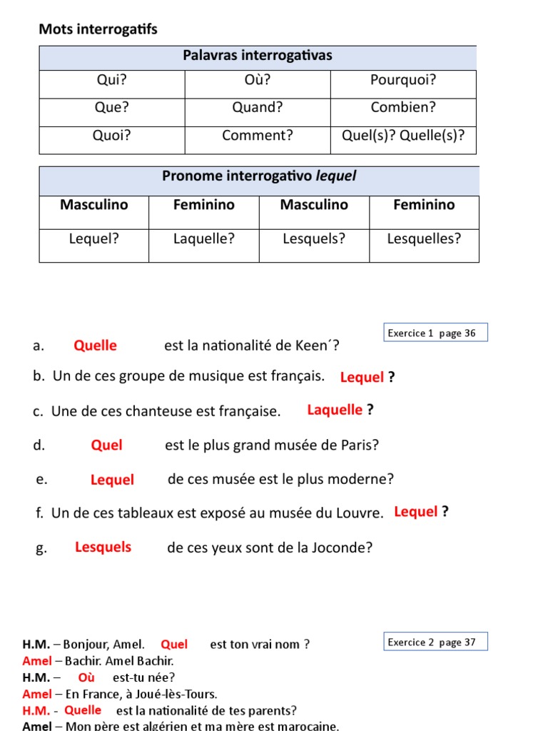 Les Mots Interrogatifs Et Les Pronoms Interrogatifs | PDF | Arts du ...