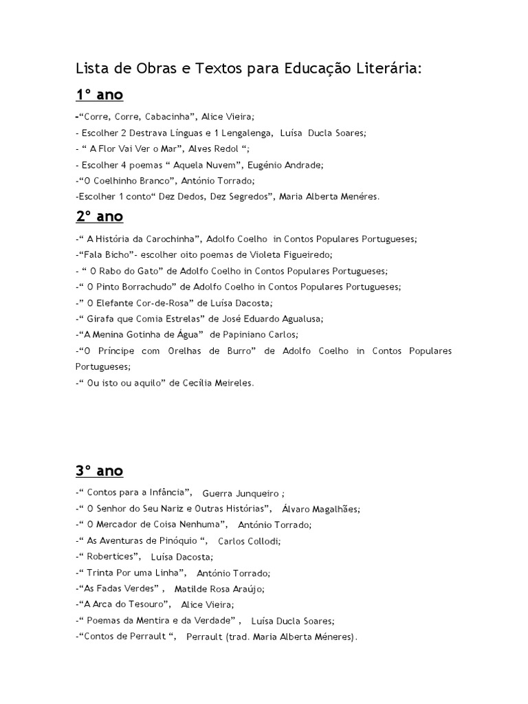 Lista de Obras e Textos para Educação Literária | PDF