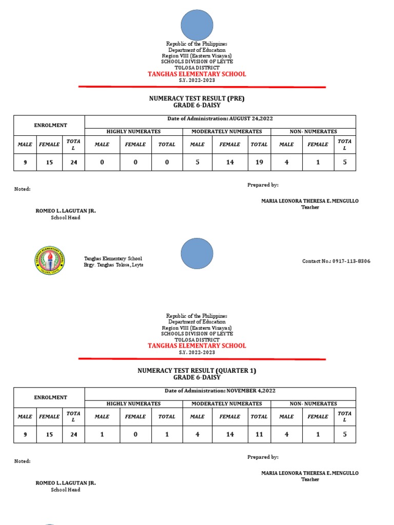 Numeracy Test Result Sy 2022 2023 | PDF