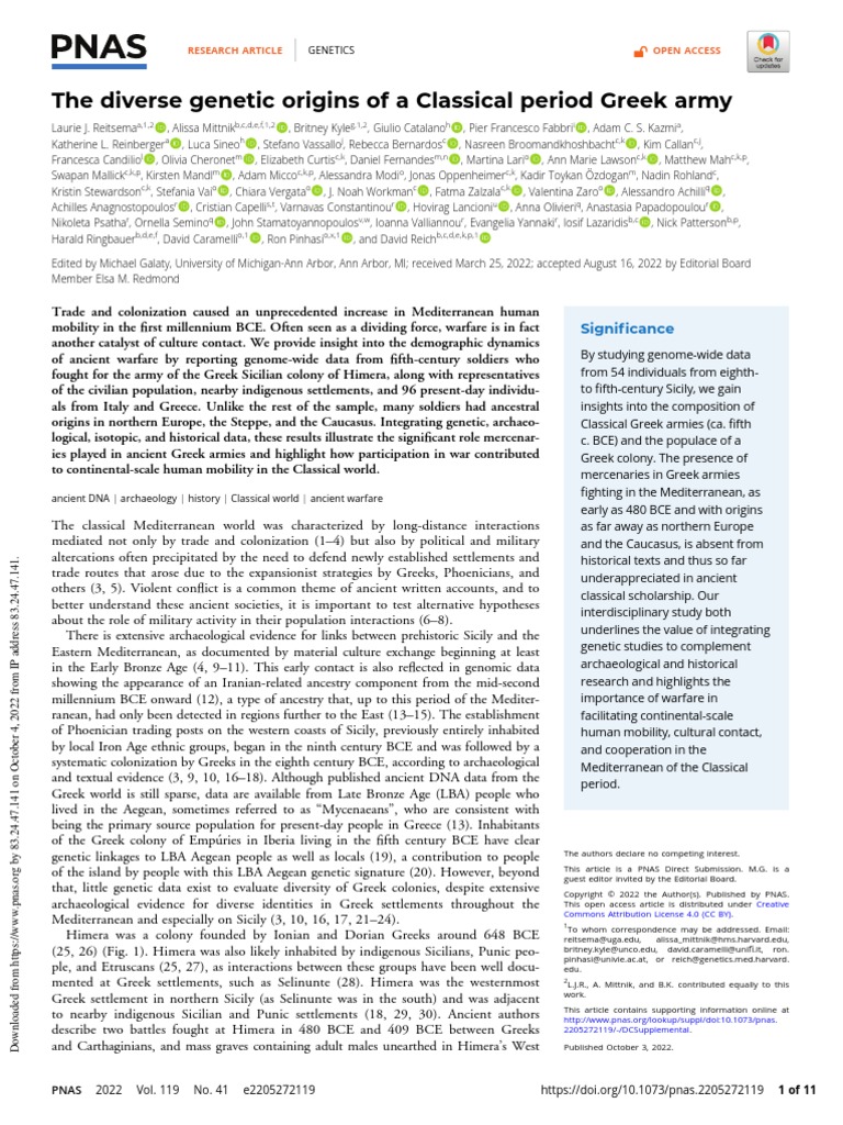 The Diverse Genetic Origins of A Classical Period Greek Army | PDF ...
