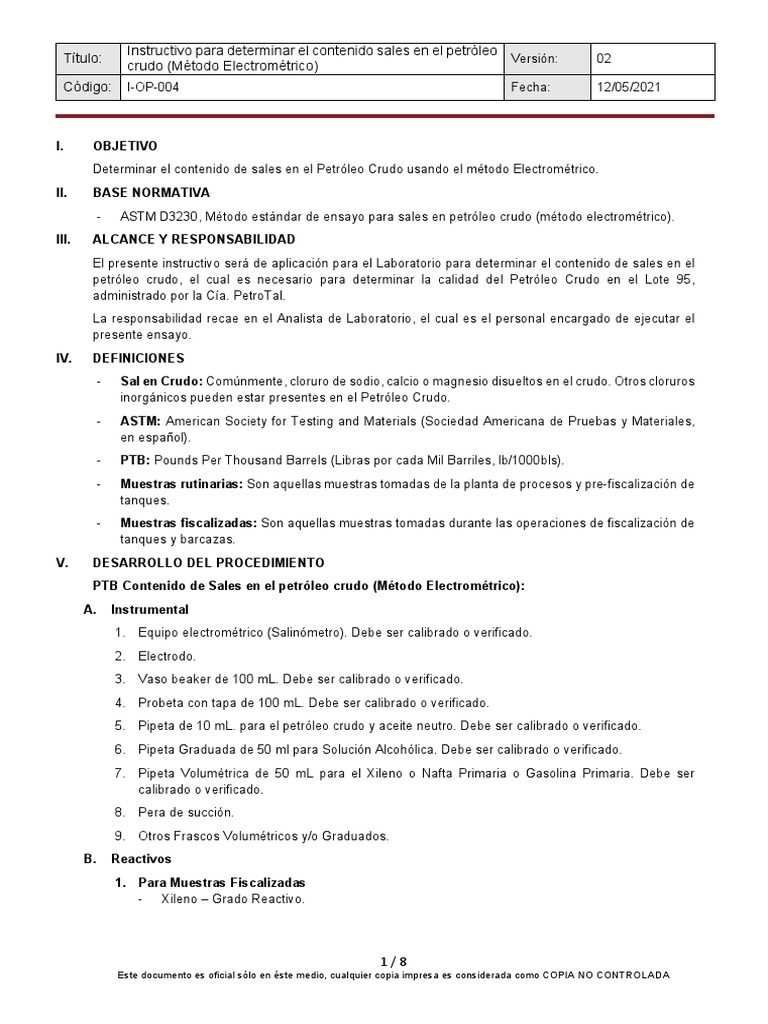 I-OP-004 Instructivo para Determinar El Contenido Sales en El Petróleo Crudo (Método ...