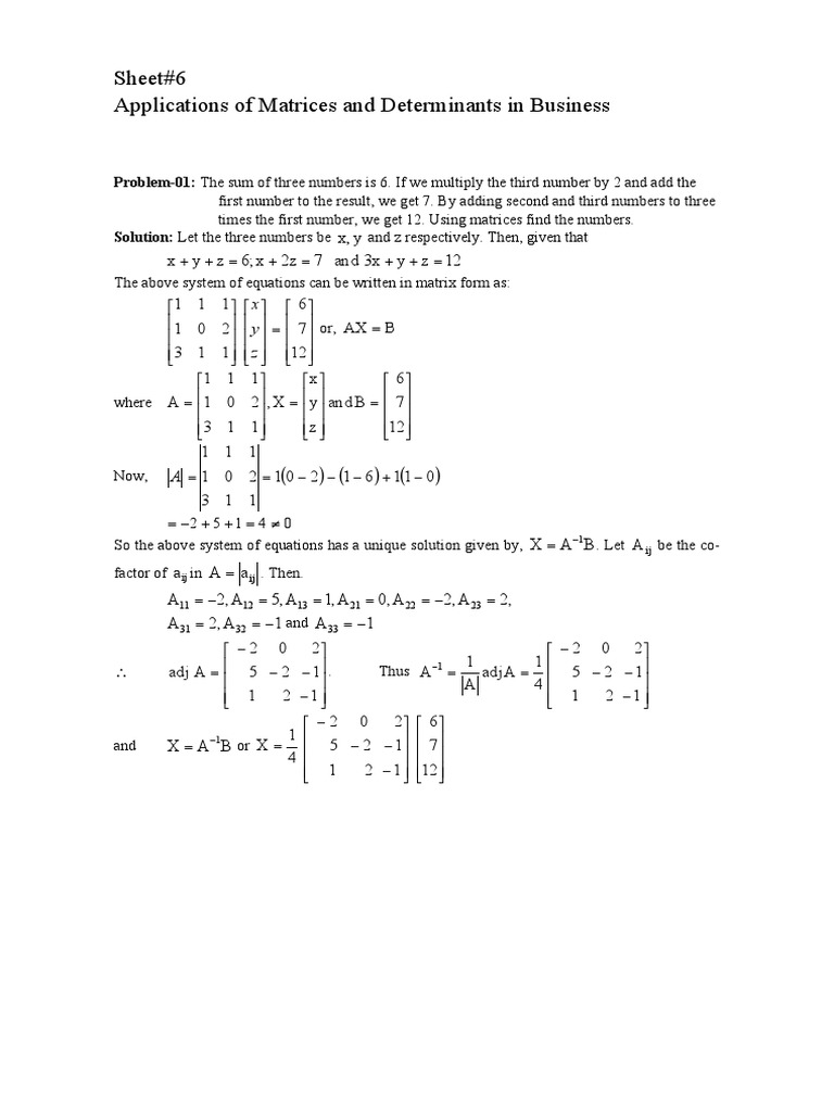 Sheet#6 - Matrices and Determinants | PDF | Matrix (Mathematics ...