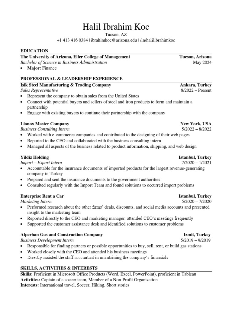 Halil Ibrahim Koc Resume | PDF | Sales | Business