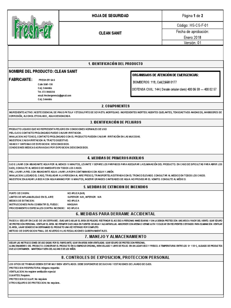 Hoja de Seguridad CLEAN SANIT | Descargar gratis PDF | Agua | Química