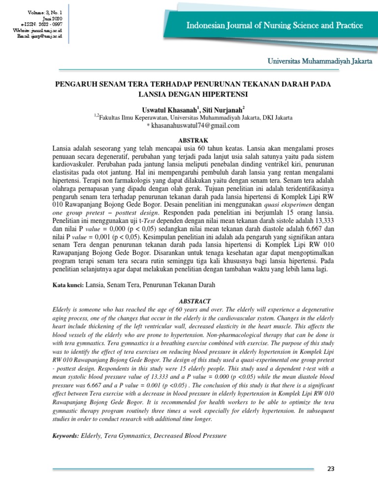 Pengaruh Senam Tera Terhadap Penurunan Tekanan Darah Pada Lansia Dengan Hipertensi. | PDF