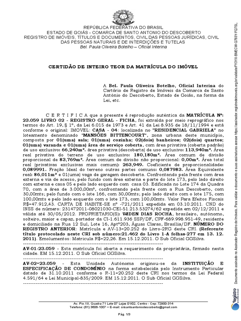 Certidão de Inteiro Teor da Matrícula do Imóvel com Histórico de Registros e Averbas | PDF ...