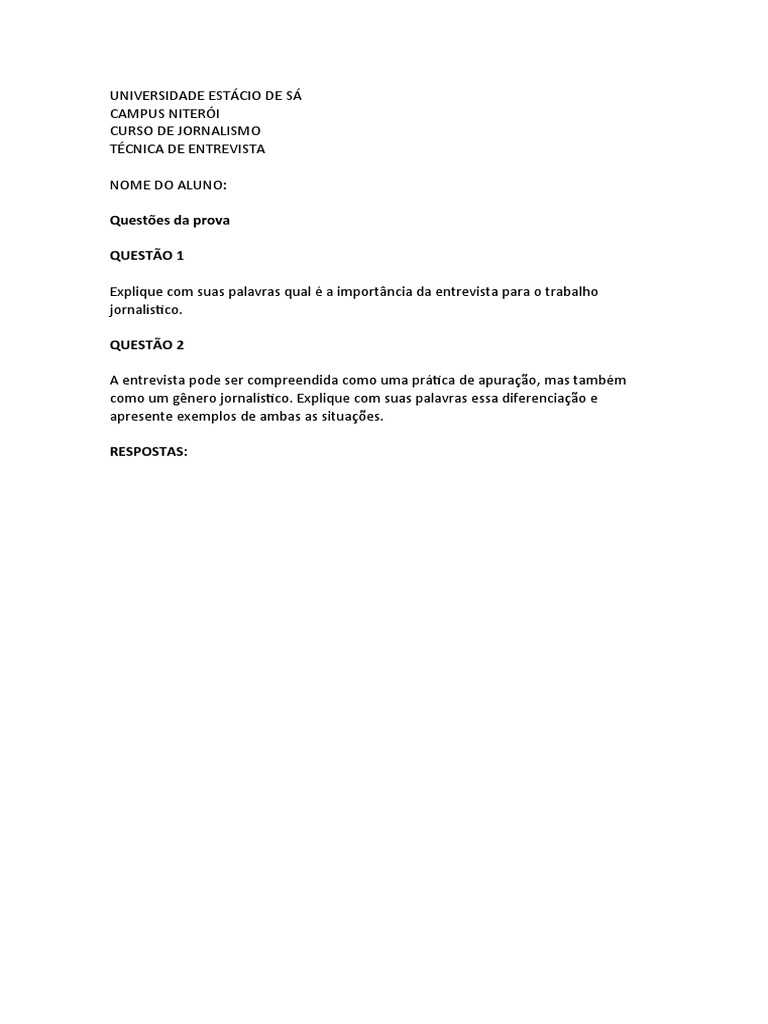 Prova Entrevista AV1 2021.1 | PDF