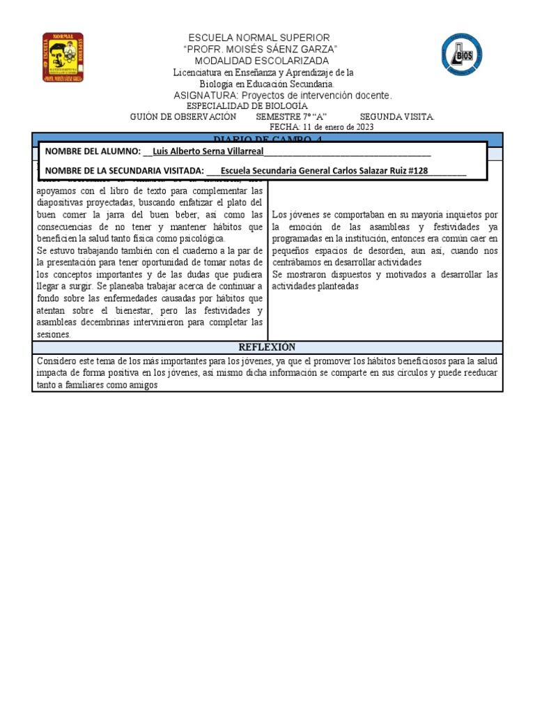 DIARIO BIO A 2a VISITA LUIS SERNA 06 JUNIO - 17 DE JUNIO | PDF | Ciencia cognitiva | Cognición