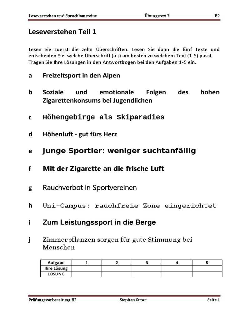 Leseverstehen Und Sprachbausteine B2 Übungstest 7 | PDF