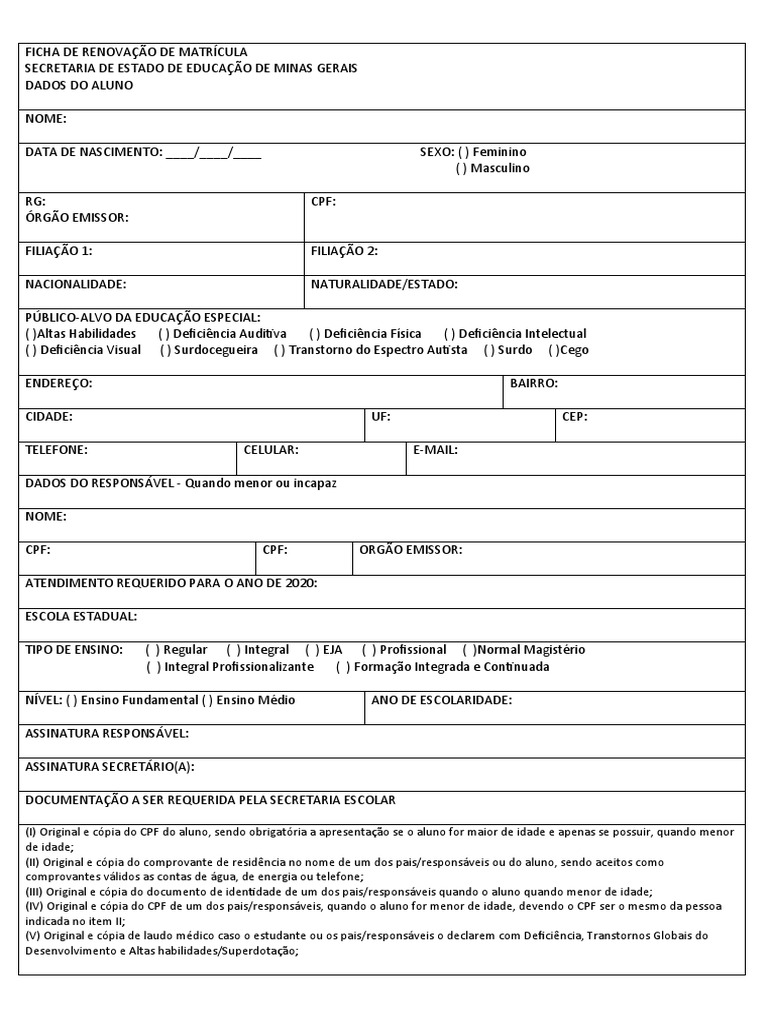 Anexo Resolução See 4231 19 Ficha De Renovação De Matrícula Pdf