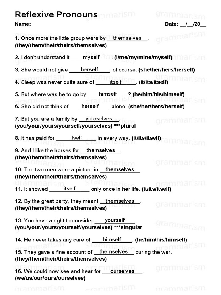 Grammarism Reflexive Pronouns Test 1 Solved 12610210 | PDF