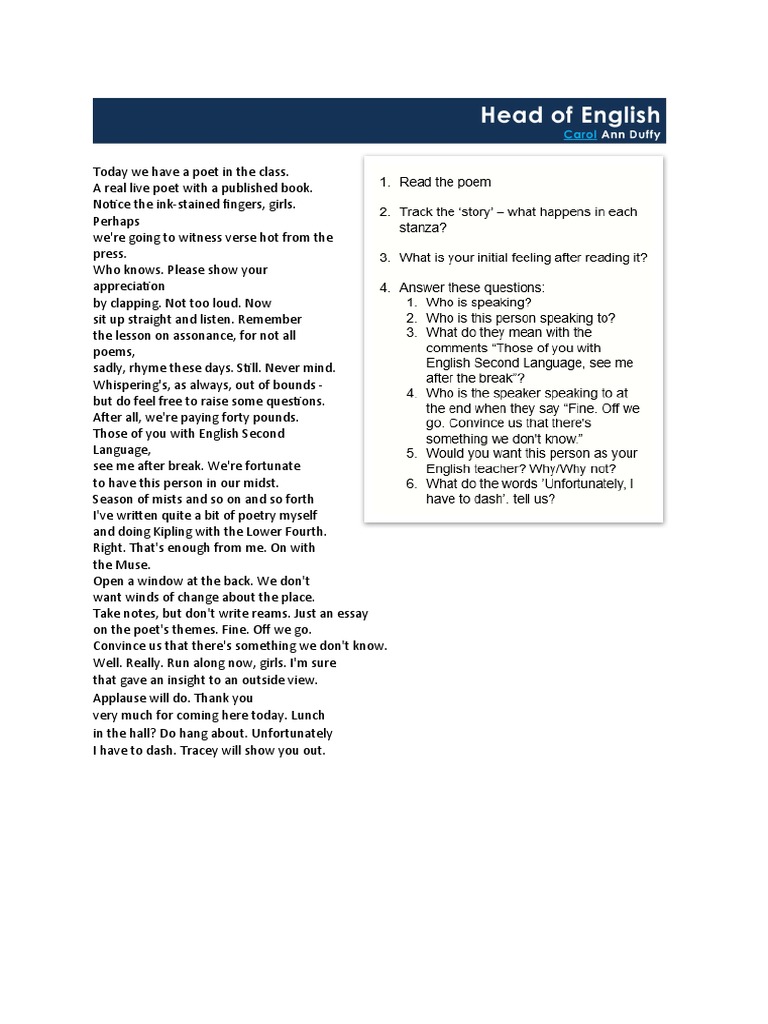 Carol Ann Duffy, 'Head of English' | PDF | Poetry