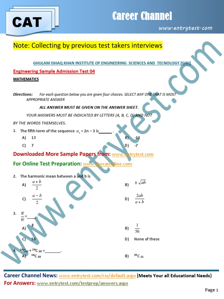Giki Engineering Sample Paper 04 | PDF | Velocity | Force