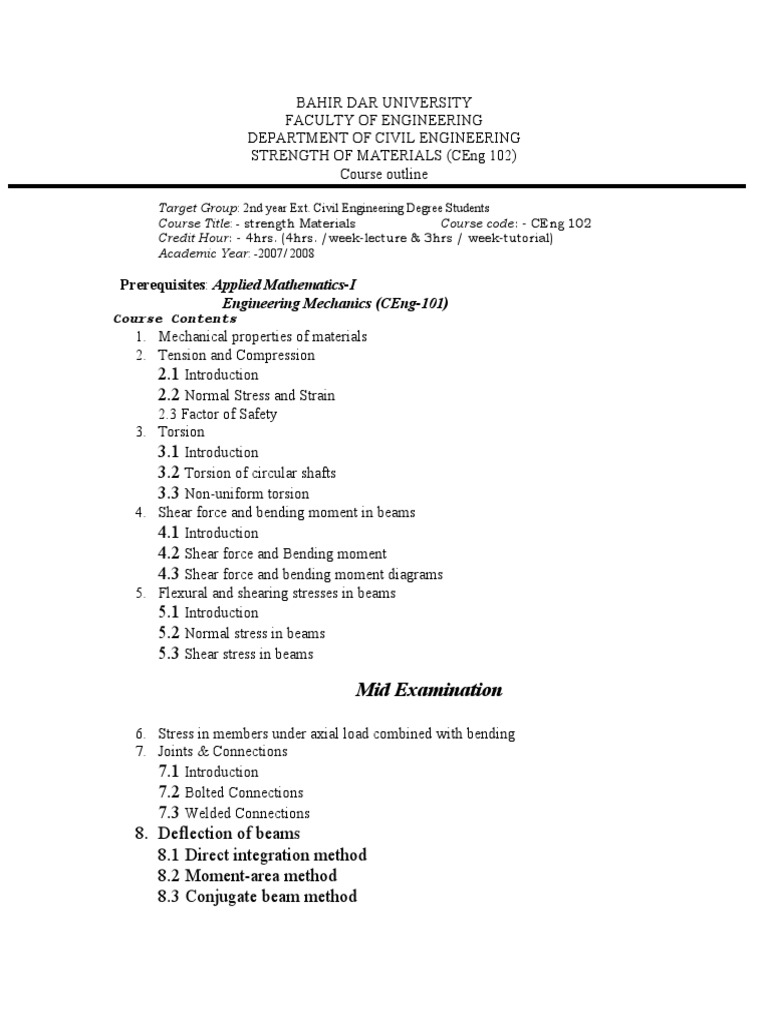 Strength of Materials Course Outline | PDF | Technology & Engineering ...
