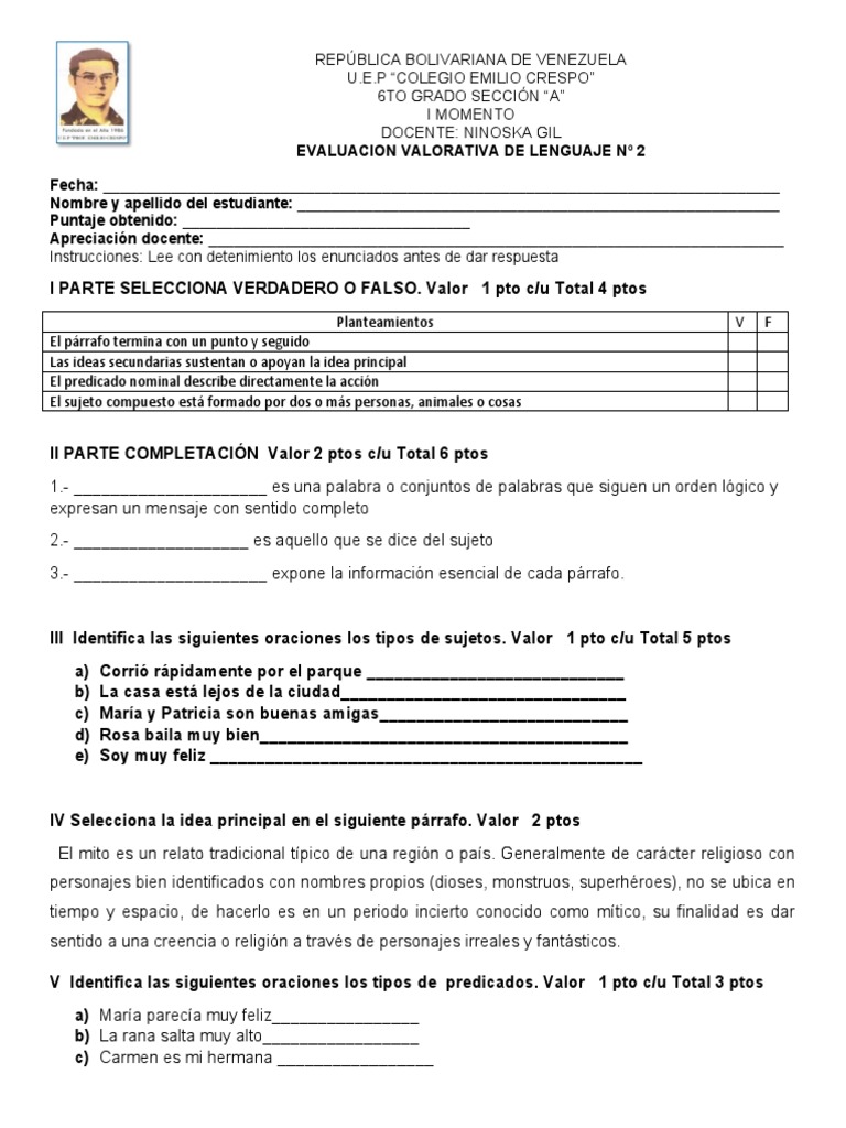 Evaluación de Lenguaje 6to Grado | PDF