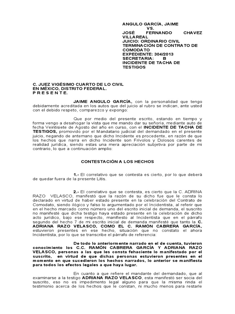 Contestación Tacha de Testigos Angulo García | Descargar gratis PDF ...