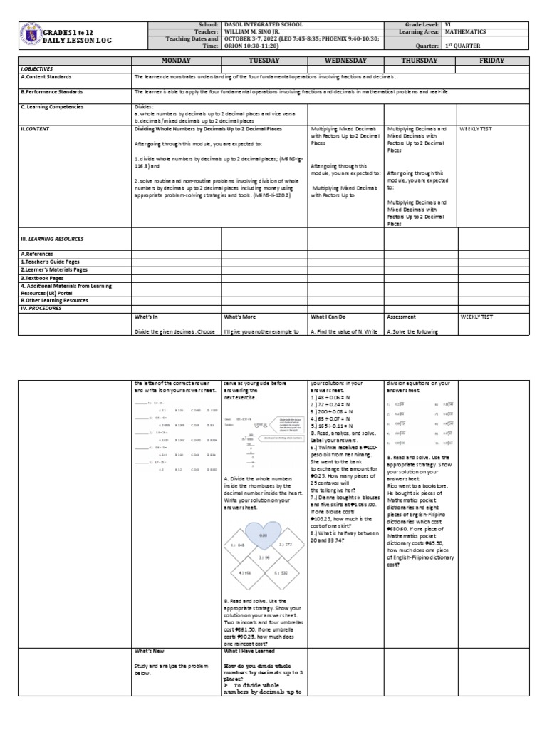 DLL - Mathematics 6 - Q1 - W6 | PDF | Multiplication | Learning