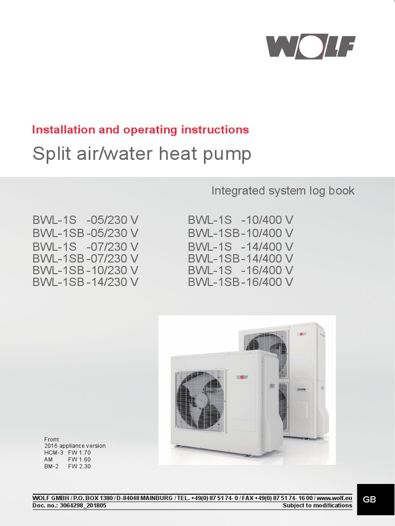 Split Air Water Heat Pump Bwl-1 S Installation and Operating ...